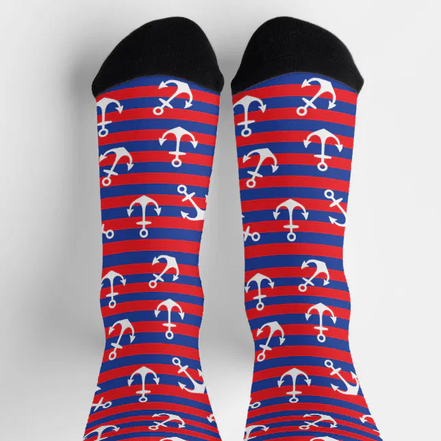 Nautical Blue Red Stripes and Anchors Cruise Ship Socks | Zazzle