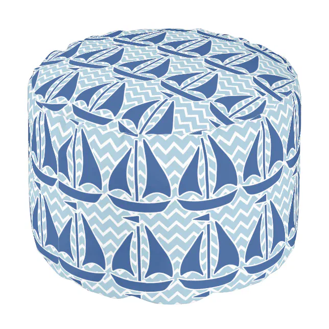 Nautical Blue Sailboat Custom Chevron pattern Pouf | Zazzle