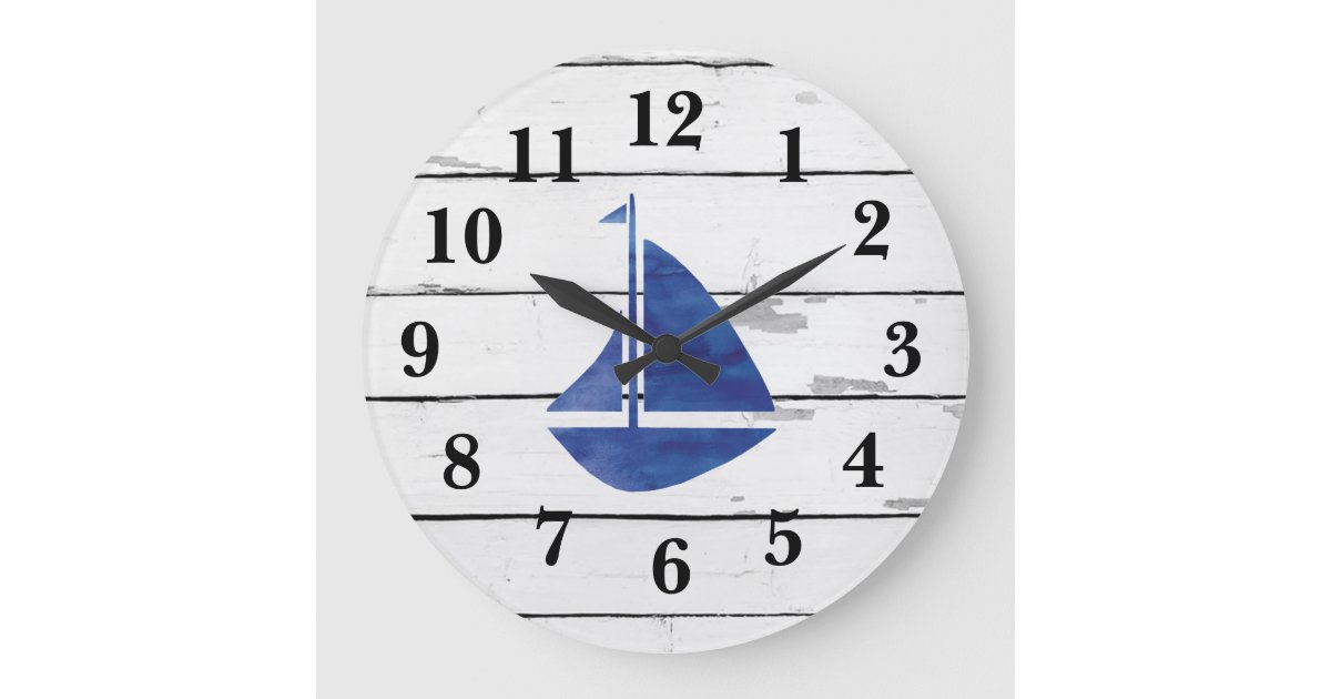 Nautical Blue Sailboat Shiplap Rustic Decor Large Clock | Zazzle