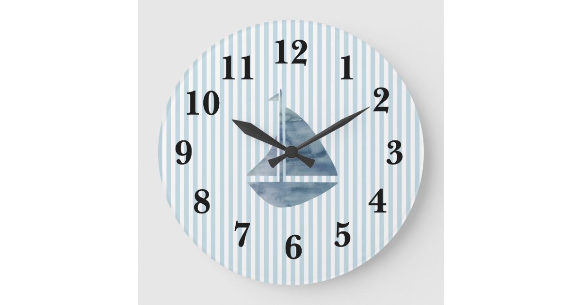 Nautical Blue Sailboat Stripe Preppy Large Clock | Zazzle