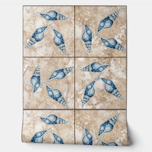 Nautical Blue Seashells Sand Tan Faux Tile Wallpaper | Zazzle