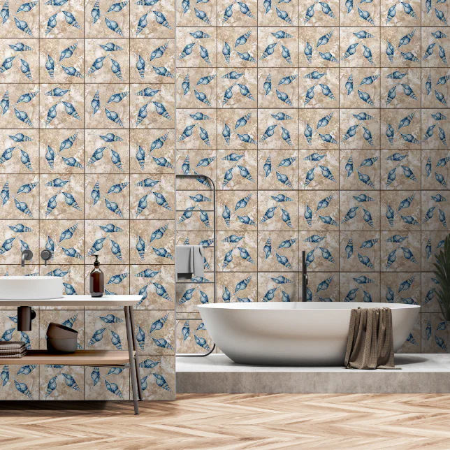 Nautical Blue Seashells Sand Tan Faux Tile Wallpaper | Zazzle