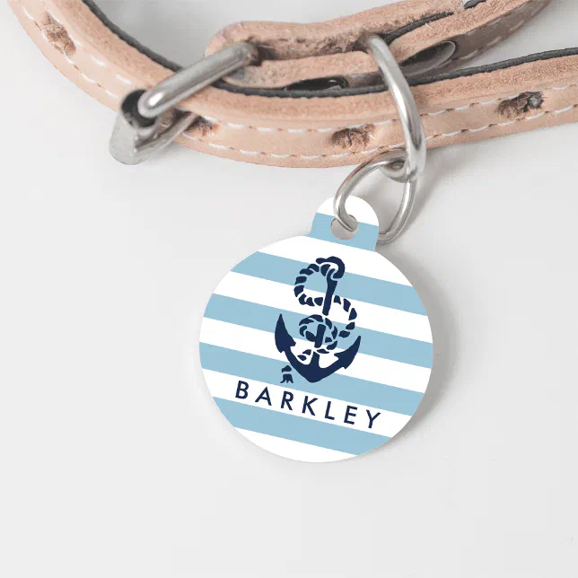 Nautical Blue Stripe Anchor Personalized Pet Name Tag | Zazzle