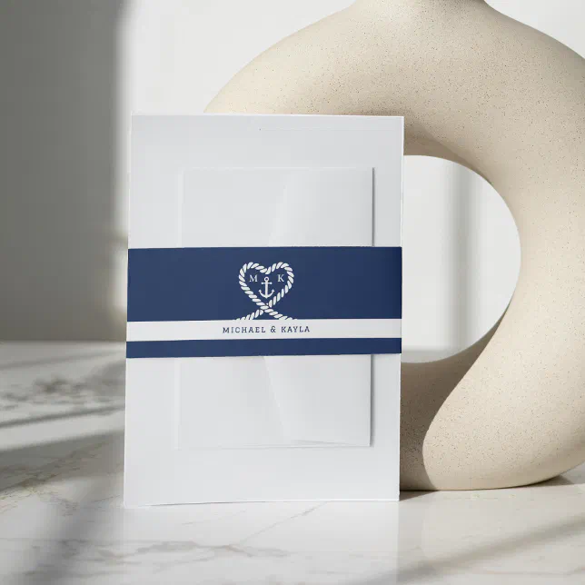 Nautical Blue Stripe Rope Heart Anchor Wedding Invitation Belly Band ...