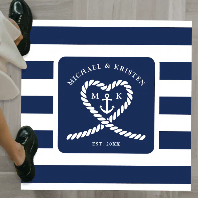 Nautical Blue Striped Heart Anchor Wedding Floor Decals | Zazzle