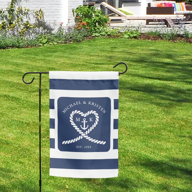 Nautical Blue Striped Heart Anchor Wedding Garden Flag | Zazzle
