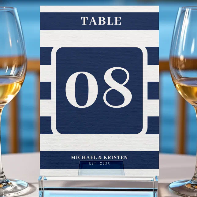 Nautical Blue Striped Wedding Table Number | Zazzle