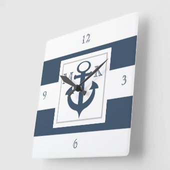 Nautical Blue Stripes and Anchor with Monogram Square Wall Clock | Zazzle