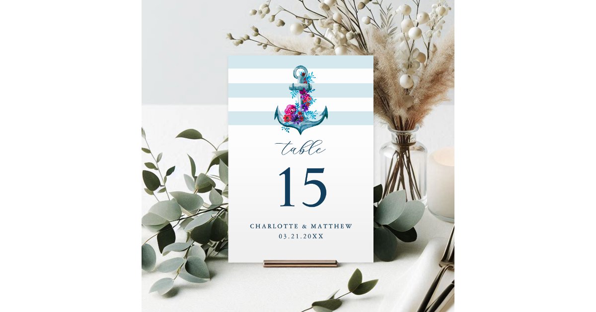 Nautical Blue Stripes Watercolor Anchor Wedding Table Number | Zazzle