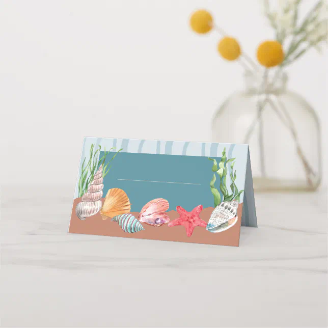 Nautical Blue Tropical Seashell Beach Wedding Place Card | Zazzle