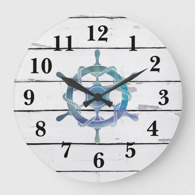 Nautical Blue Wheel Ship Rustic Decor Large Clock | Zazzle