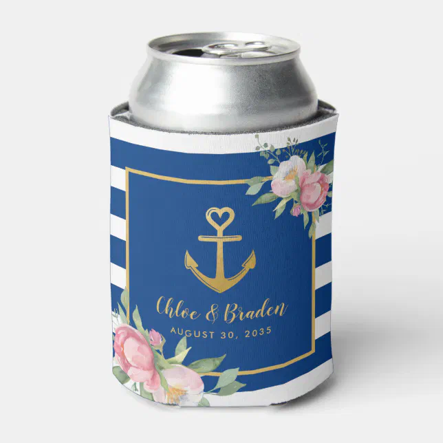 Nautical Blue White Stripe Anchor Heart Wedding Can Cooler | Zazzle