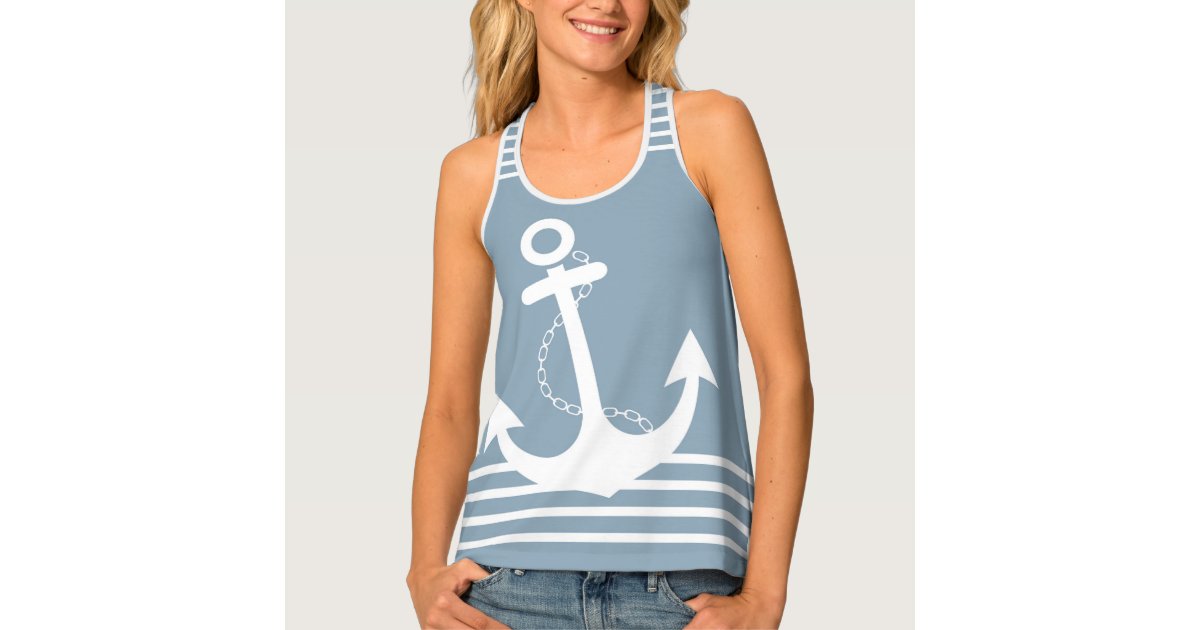Nautical Blue with White Stripes and Anchor Design Tank Top | Zazzle