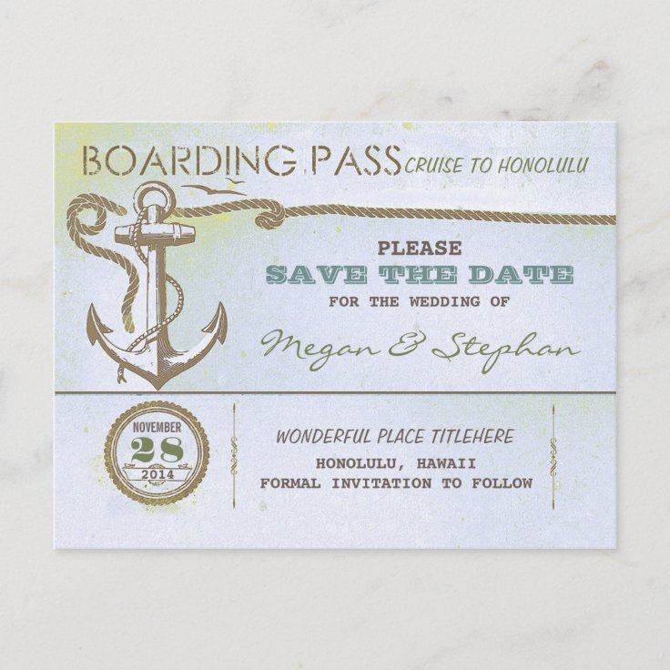 Nautical boarding pass save the date ticket announcement postcard | Zazzle