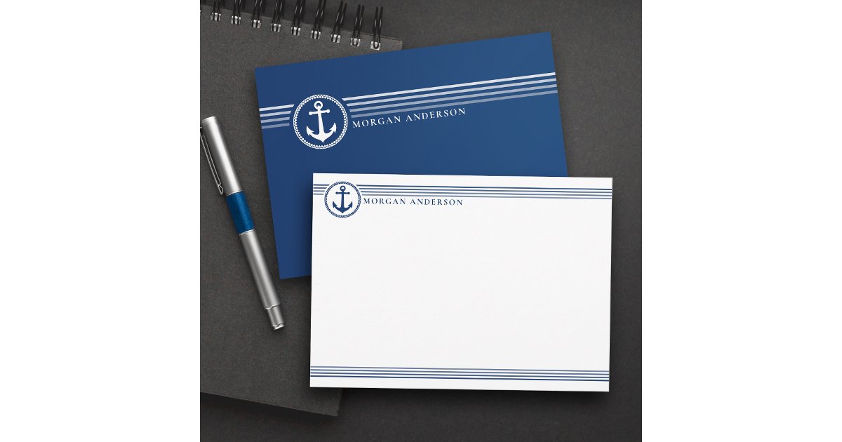 Nautical Boat Anchor Custom Name Navy Blue White Note Card | Zazzle