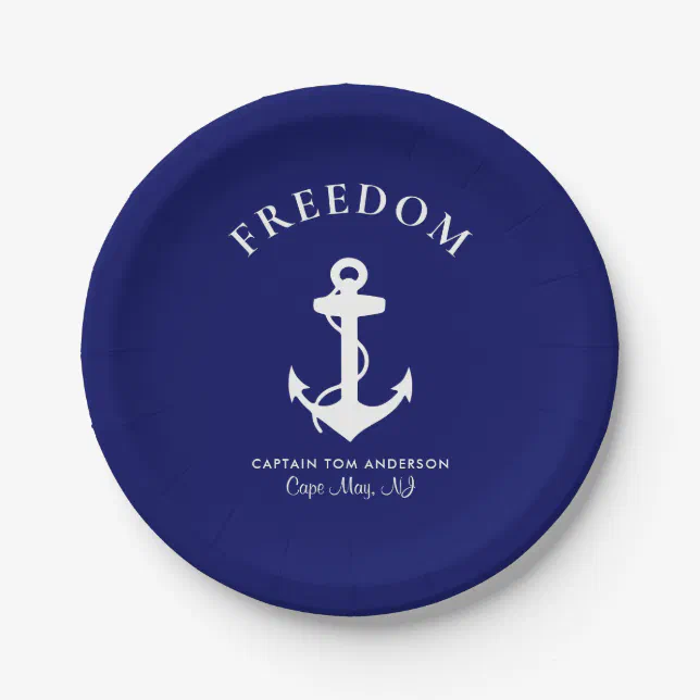 Nautical Boat Anchor Navy Blue Family Captain Name Paper Plates | Zazzle