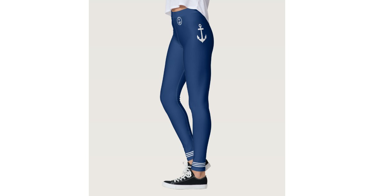Nautical Boat Anchor White Stripes Navy Blue Leggings | Zazzle