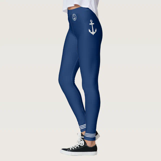 Nautical Boat Anchor White Stripes Navy Blue Leggings | Zazzle