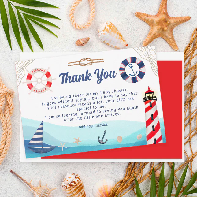 Nautical boat lighthouse blue red baby shower thank you card | Zazzle
