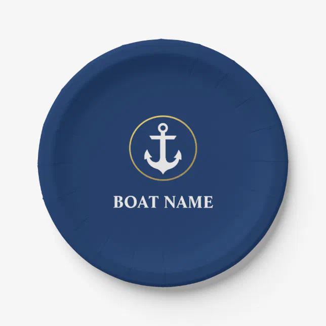 Nautical Boat Name Anchor Blue Gold Paper Plates | Zazzle