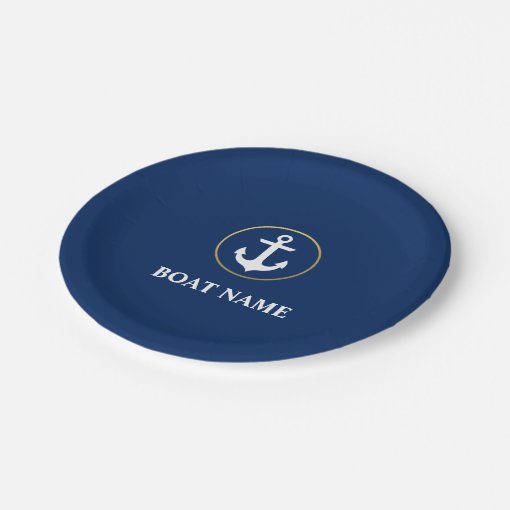 Nautical Boat Name Anchor Blue Gold Paper Plates | Zazzle