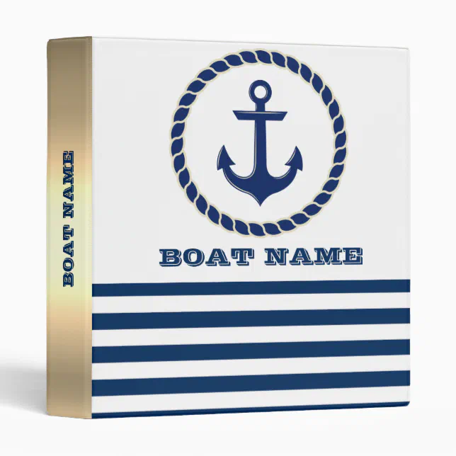 Nautical Boat Name,Anchor Navy Blue Striped 3 Ring Binder | Zazzle