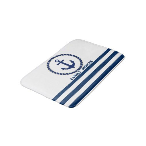Nautical Boat Name,Anchor Navy Blue Striped Bath Mat | Zazzle