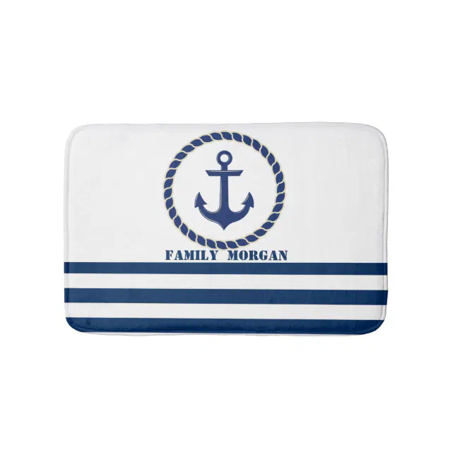 Nautical Boat Name Anchor Navy Blue Striped Bath Mat Zazzle