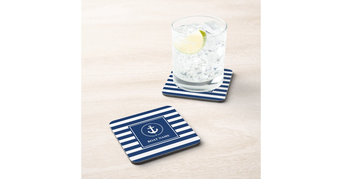 Nautical Boat Name Anchor Navy Blue Striped Beverage Coaster | Zazzle Nautical Boat Name Anchor Navy Blue Striped Beverage Coaster | Zazzle