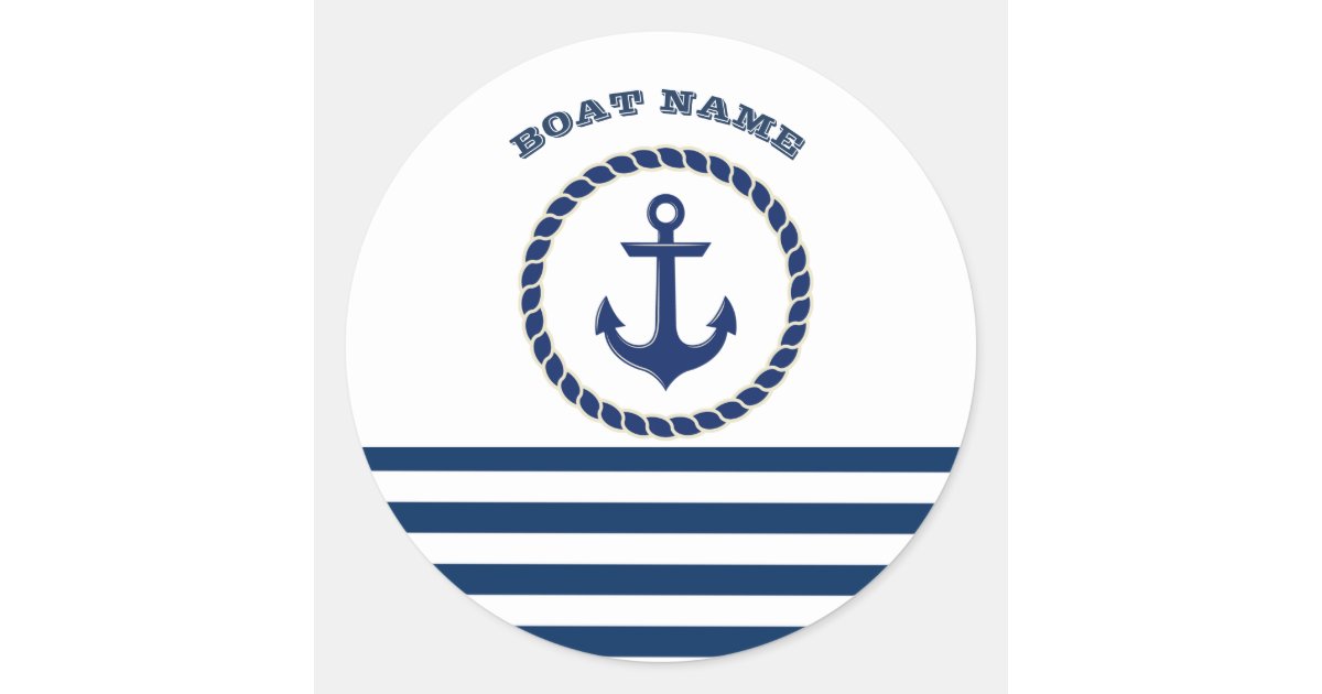 Nautical Boat Name,Anchor Navy Blue Striped Classic Round Sticker | Zazzle