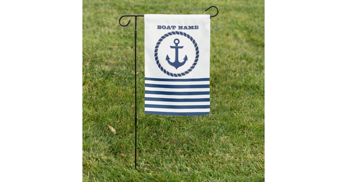 Nautical Boat Name,Anchor Navy Blue Striped Garden Flag | Zazzle