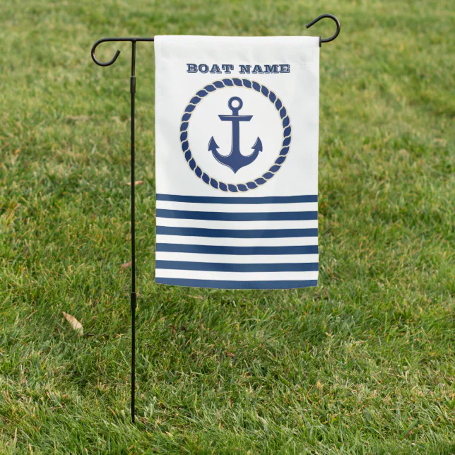 Nautical Boat Name,Anchor Navy Blue Striped Garden Flag | Zazzle