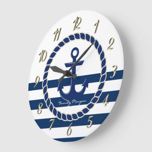 Nautical Boat Name,Anchor Navy Blue Striped Large Clock | Zazzle