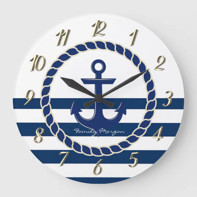 Nautical Boat Name Anchor Navy Blue Striped Large Clock Zazzle