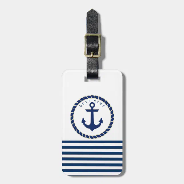 Nautical Boat Name,Anchor Navy Blue Striped Luggage Tag | Zazzle