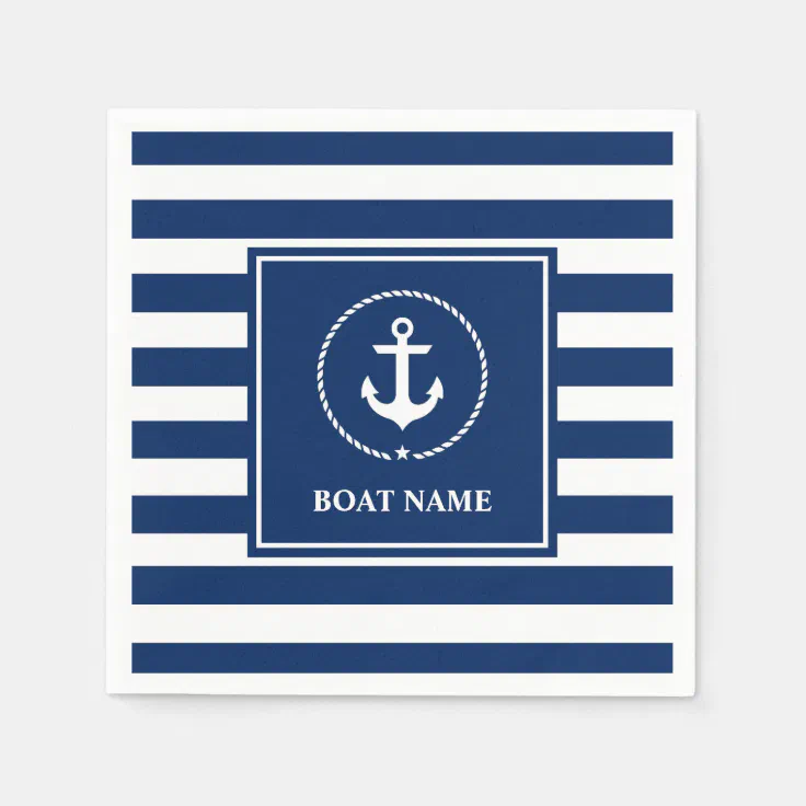 Nautical Boat Name Anchor Navy Blue Striped Napkins Zazzle