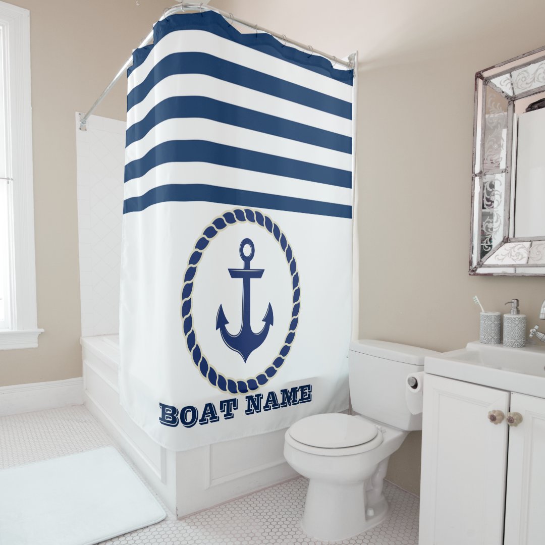 Nautical Boat Name Anchor Navy Blue Striped Shower Curtain Zazzle