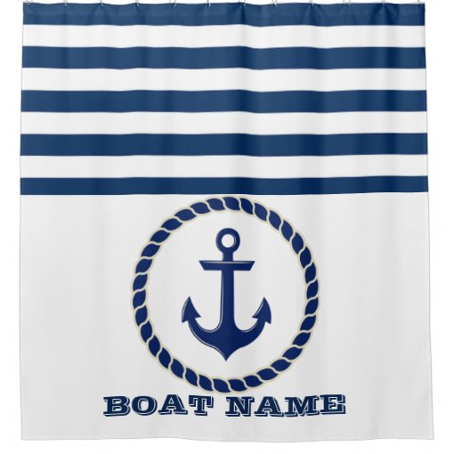 Nautical Boat Name Anchor Navy Blue Striped Shower Curtain Zazzle