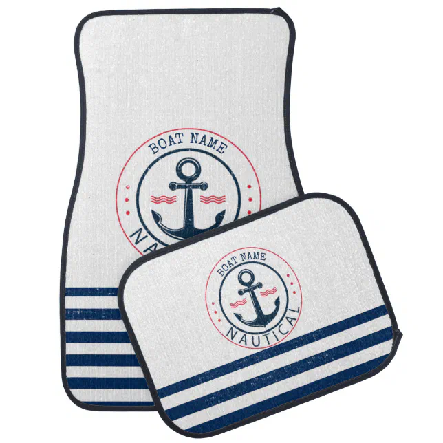 Nautical, Boat Name,Anchor Navy Blue Stripes Car Floor Mat | Zazzle