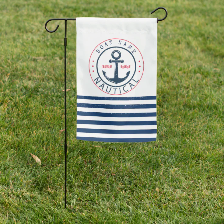 Nautical Boat Name Anchor Navy Blue Stripes Garden Flag Zazzle