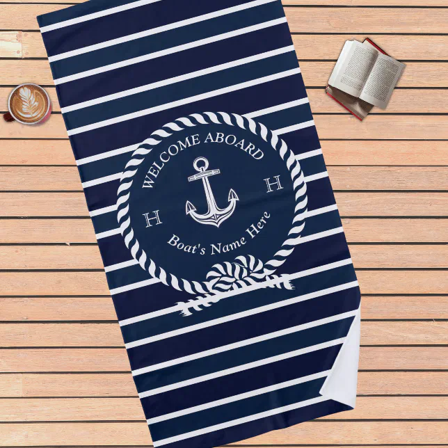 Nautical Boat Name Anchor Navy Blue Welcome Beach Towel Zazzle