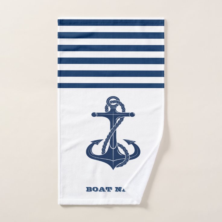 Nautical Boat Name Anchor Navy Blue White Striped Bath Towel Set Zazzle