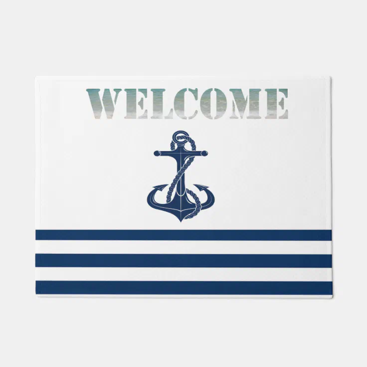 Nautical Boat Name Anchor Navy Blue White Stripes Doormat Zazzle
