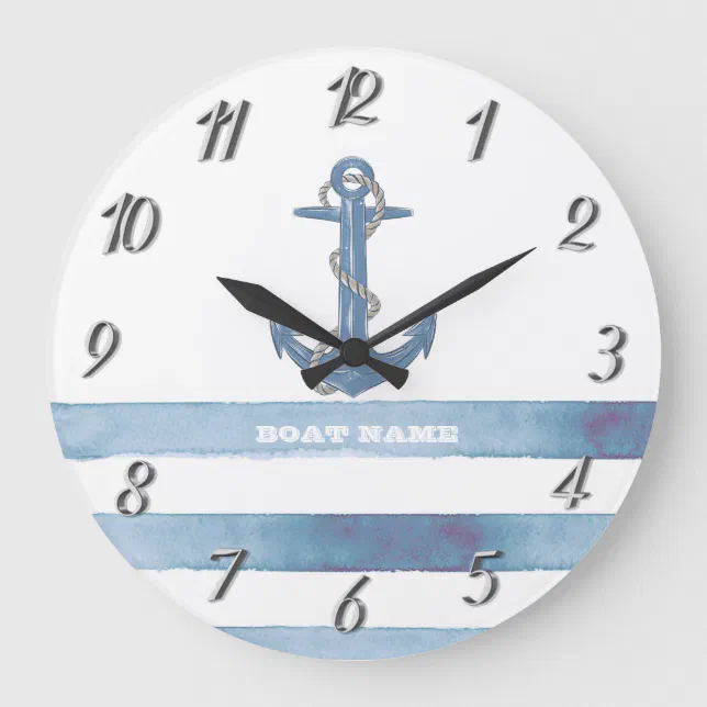Nautical Boat Name,Anchor,Rope,Light Blue Stripes Large Clock | Zazzle
