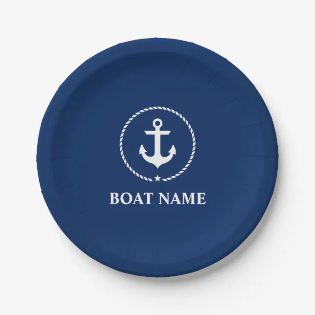 Nautical Boat Name Anchor Rope Navy Blue Paper Plates Zazzle