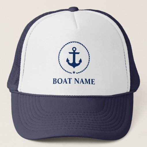 Nautical Boat Name Anchor Rope Navy Blue Trucker Hat | Zazzle