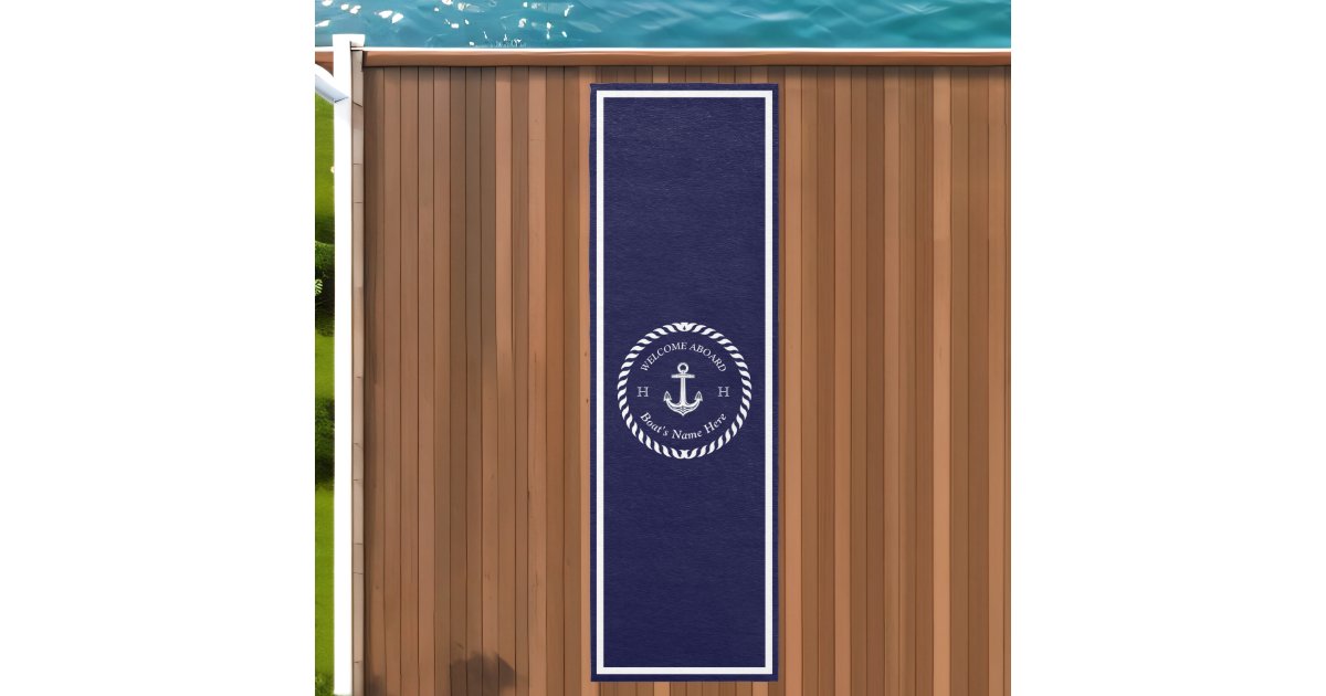 Nautical Boat Name Anchor Rope Navy Blue White Outdoor Rug | Zazzle