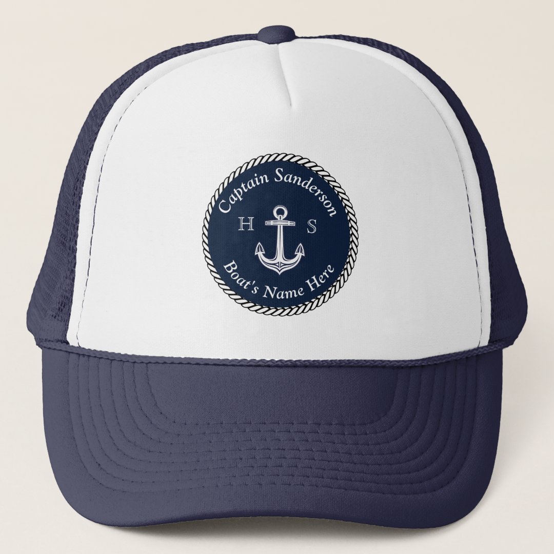 Nautical Boat Name Anchor Rope Welcome Aboard Navy Trucker Hat | Zazzle