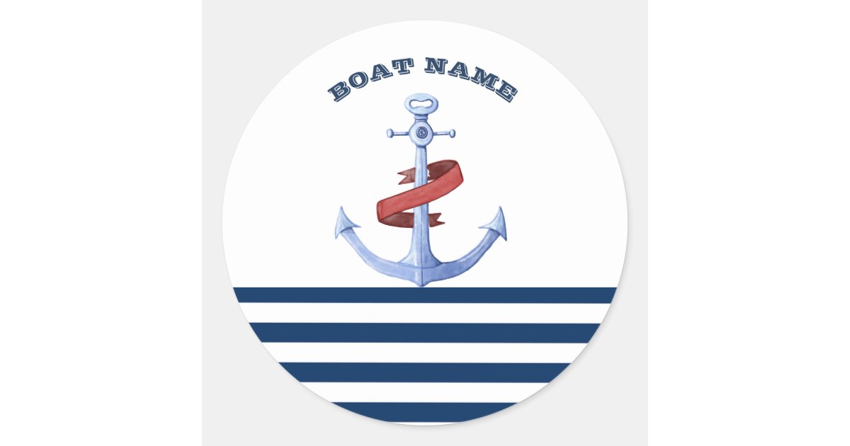 Nautical Boat Name Blue Anchor Navy Blue Striped Classic Round Sticker