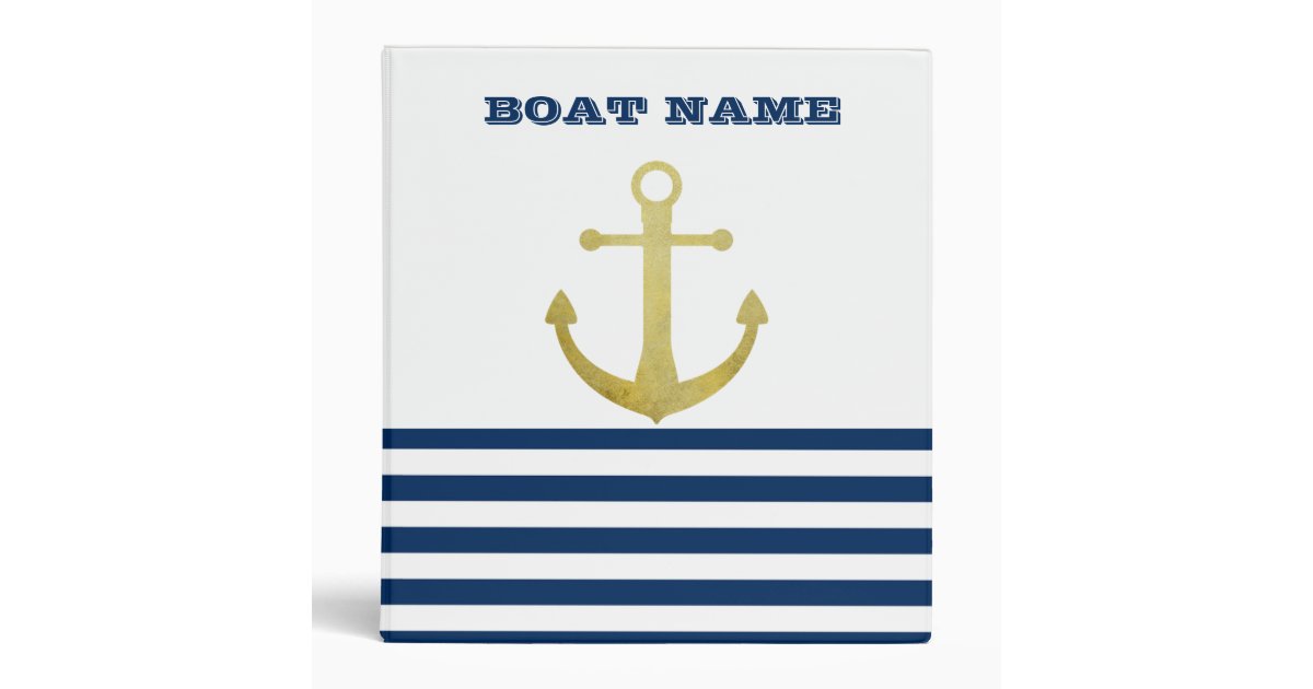 Nautical Boat Name,Gold Anchor Navy Blue Stripes 3 Ring Binder | Zazzle